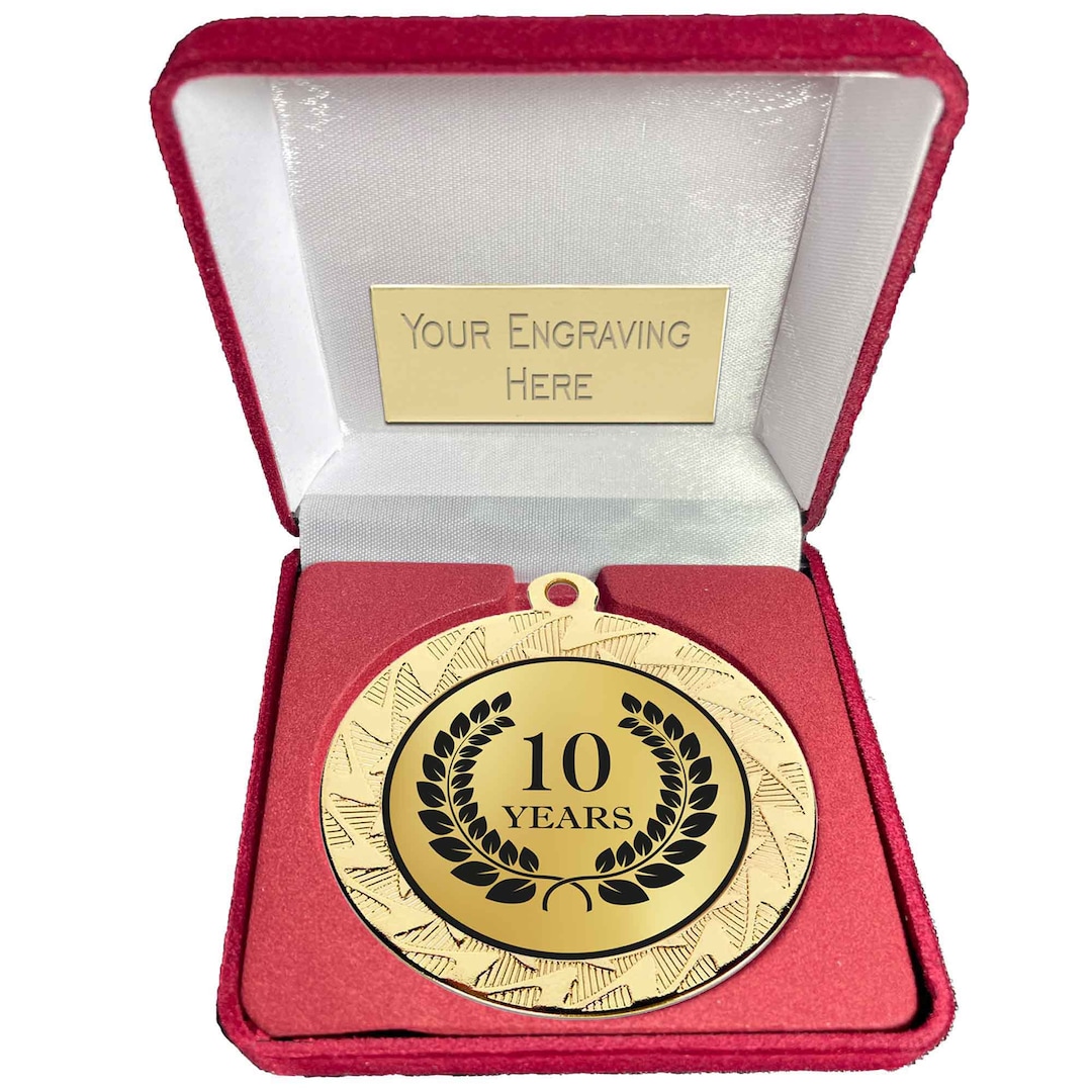 Gold Heavyweight 10 Year Anniversary Medal in A Burgundy Velour Box ...