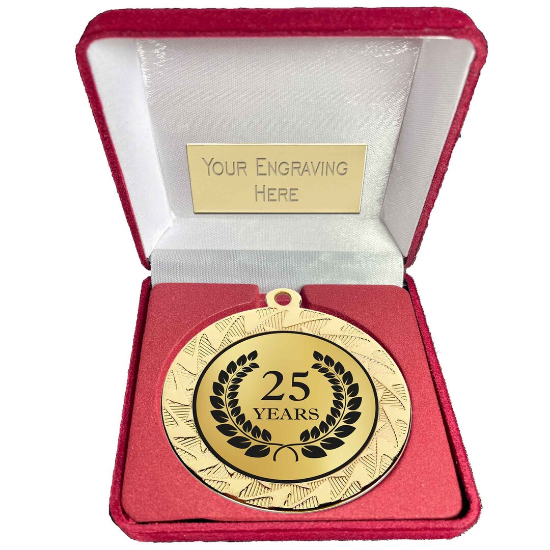 Gold Heavyweight 25 Year Anniversary Medal in A Burgundy Velour Box ...