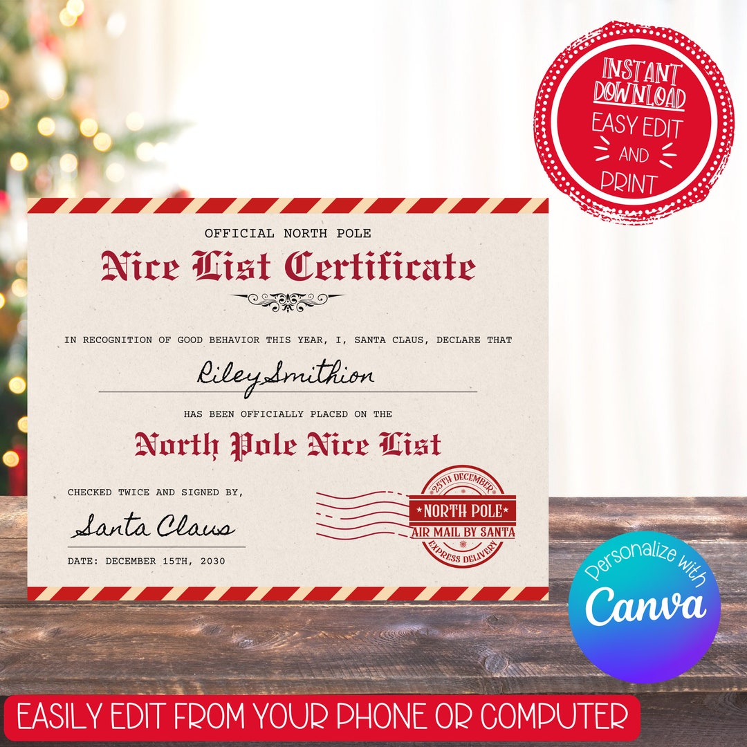 Editable Boys Christmas Nice List Certificate Template - Etsy