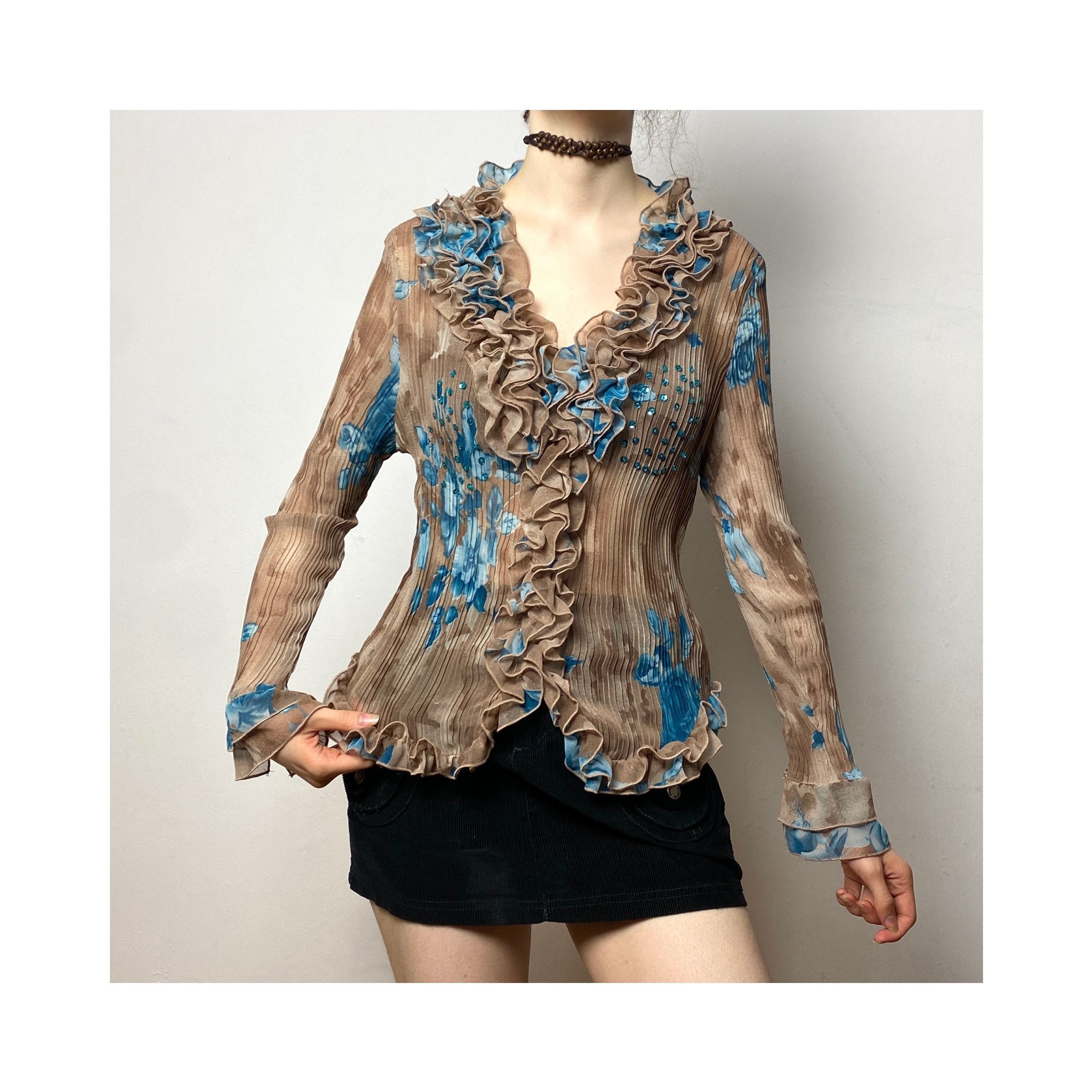 Vintage Sheer Fairycore Pleated Shirt With Ruffles Sequins - Etsy