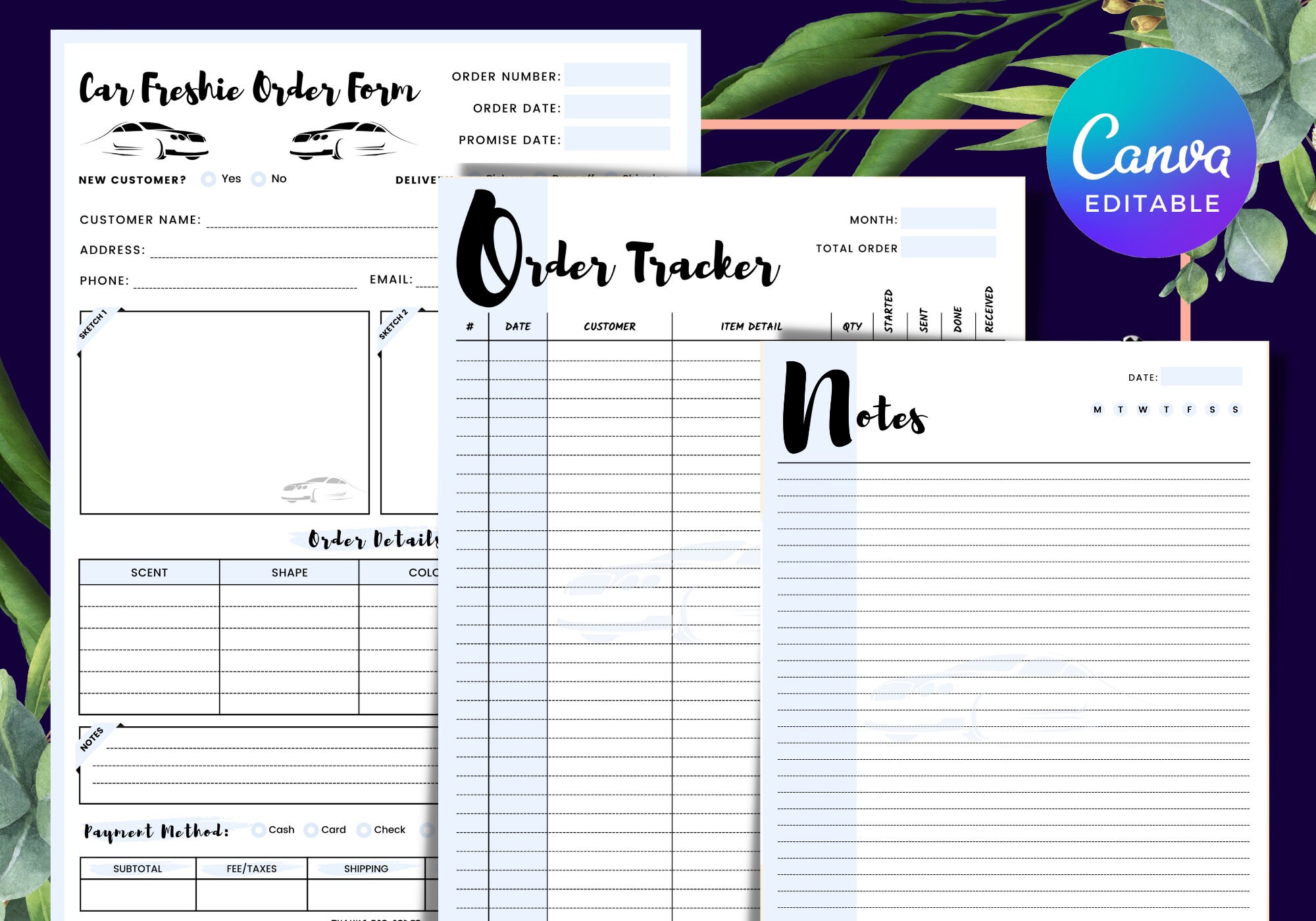 Car Freshie Order Form, Order Tracker, Daily Notes, Business Order Form ...