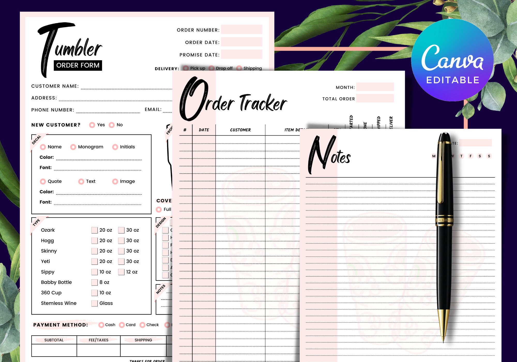 Tumbler Order Form, Order Tracker, Printable Order Form, Small Business ...