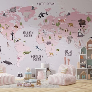 Girl's Pink World Map Wallpaper With Animal Theme - Etsy