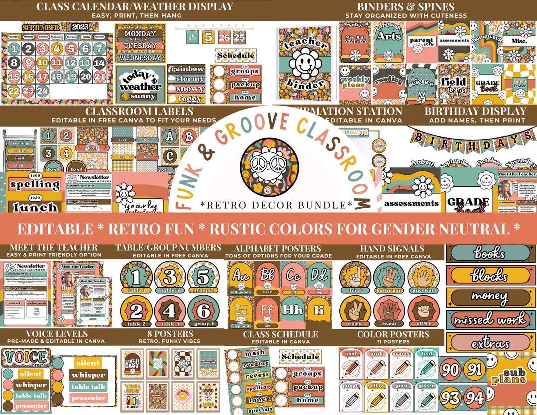 Funky Groovy Retro Boho Classroom Decor Bundle-class Decor Canva ...