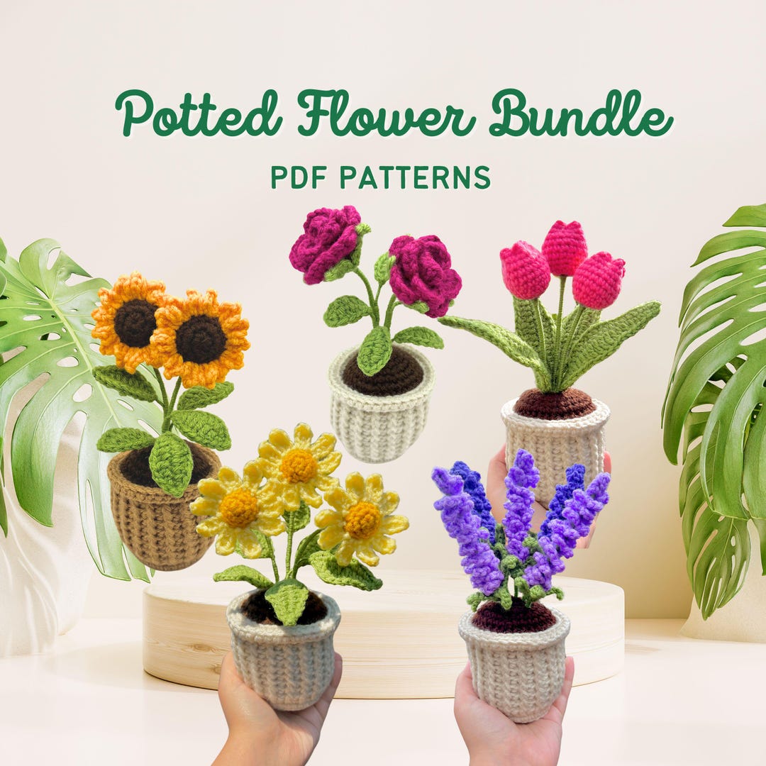 Crochet Potted Flower Pattern: Daisy, Lavender, Rose, Tulip, Sunflower ...