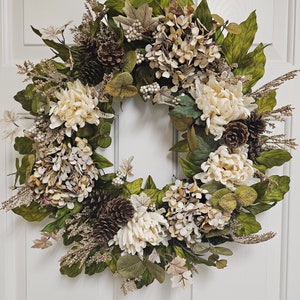Neutral Colored Wreath, Hydrangea Wreath, Cream Colored Mums, Pinecones ...