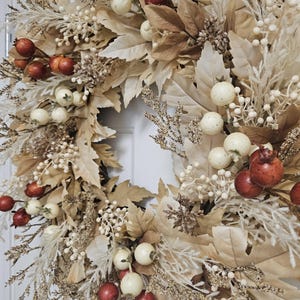 Fall Neutral Colored Wreath, Cream Berries, Maple Leaves, Wall Decor ...
