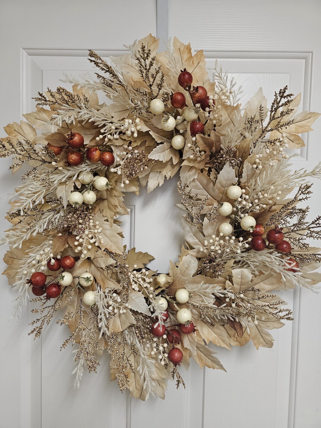 Fall Neutral Colored Wreath, Cream Berries, Maple Leaves, Wall Decor ...