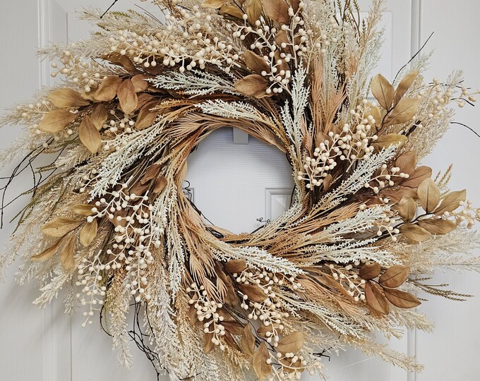 Neutral Boho Fall and Year-round Wreath, Cream Berries and Pampas Grass ...