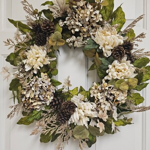 Neutral Colored Wreath, Hydrangea Wreath, Cream Colored Mums, Pinecones ...