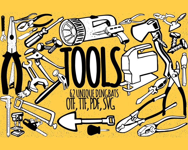62 Tools, Gears and Hardware Doodles, Line Art Illustrations Dingbats ...