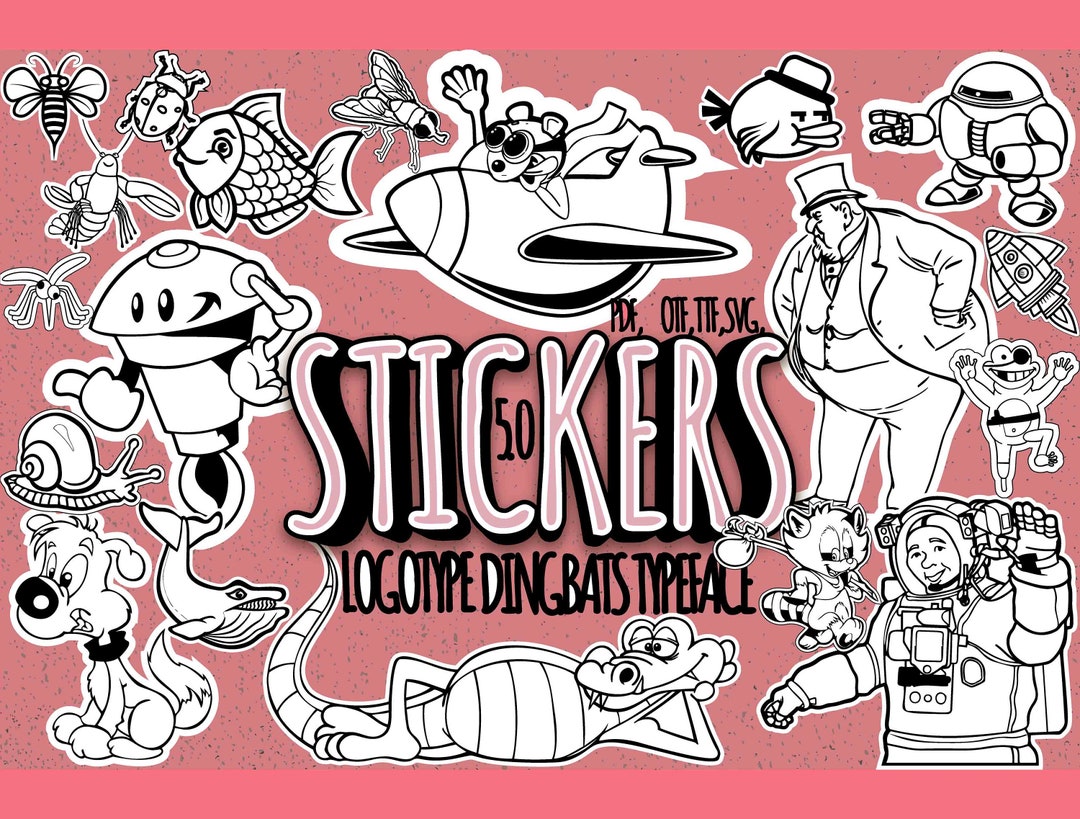 Stickers Cartoon Doodles - Clipart Vector Line Art Dingbats Font ...