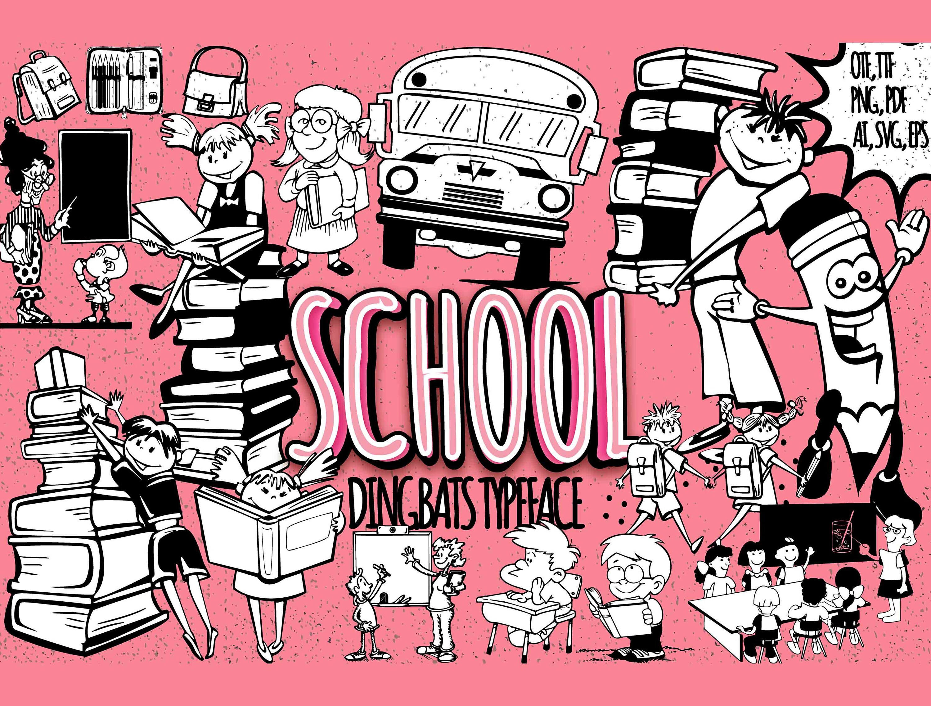 School Cartoons Doodles - Clipart Vector Line Art Dingbats Font - Back ...