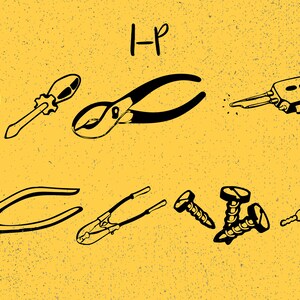 62 Tools, Gears and Hardware Doodles, Line Art Illustrations Dingbats ...