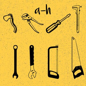 62 Tools, Gears and Hardware Doodles, Line Art Illustrations Dingbats ...
