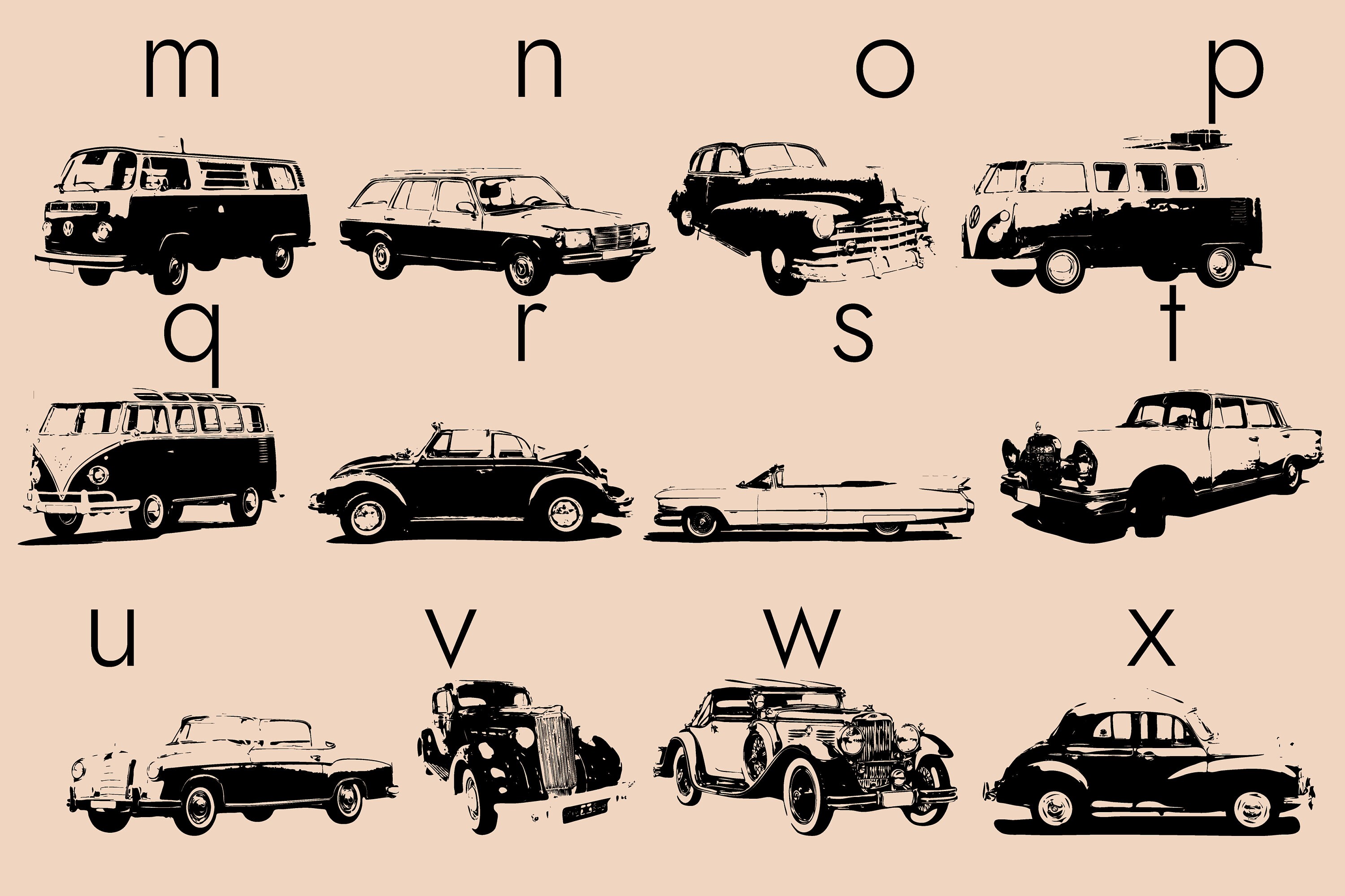 Vintage Cars Dingbats Font, Vintage Cars Symbols, Vintage Cars ...