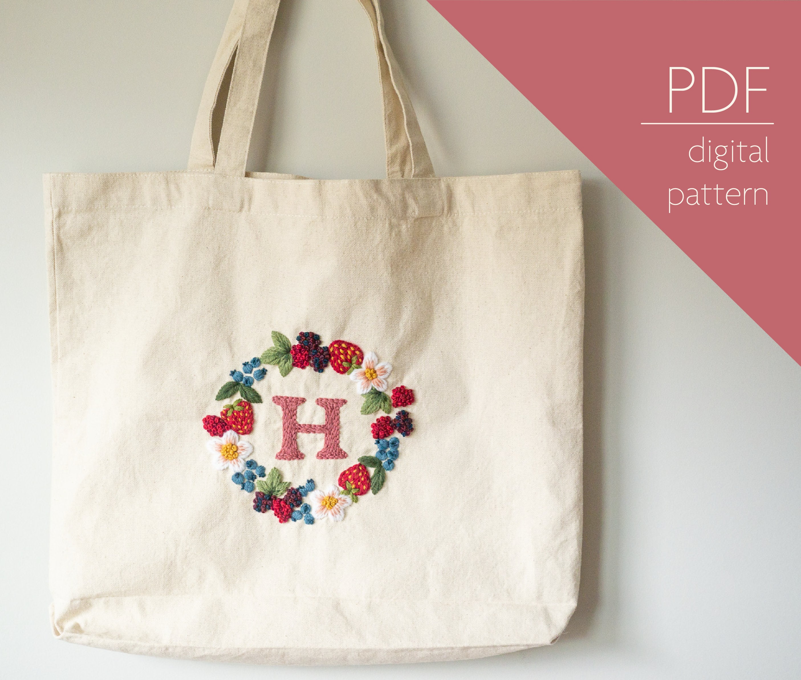Berry Picking Tote Bag Hand Embroidery Pattern: Customizable Initial ...