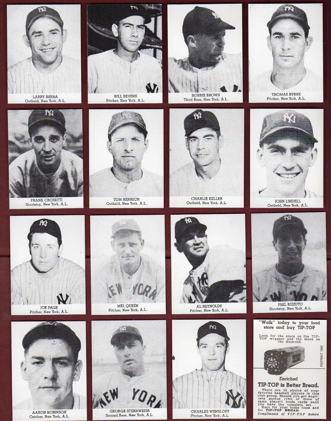 Rare 1947 TIP TOP Bread Yankees Team Reprint Mint 15 Cards. - Etsy