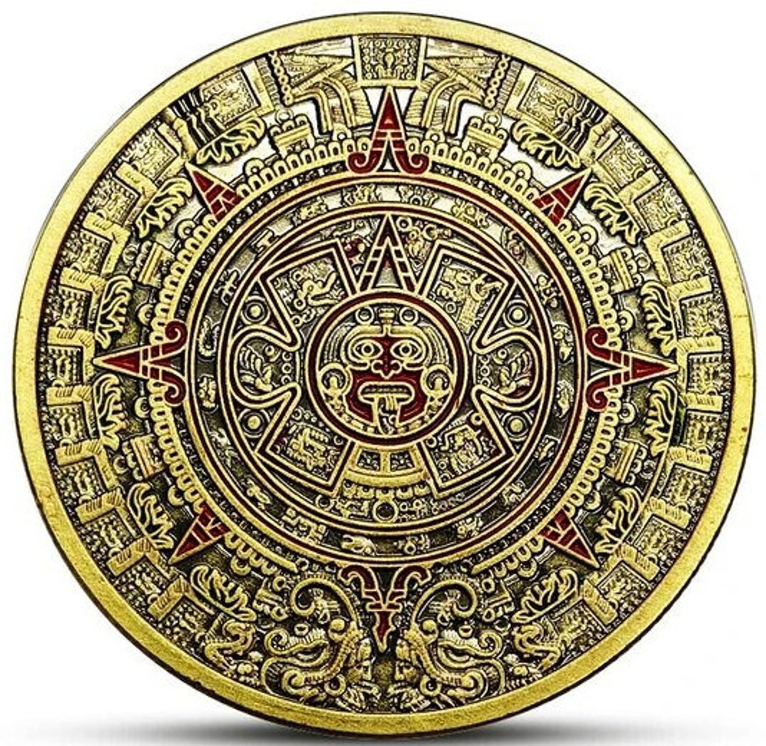 Aztec Gold Plated Coin 40MM Tone Mayan Sun Calendar Coin Charm Luck ...