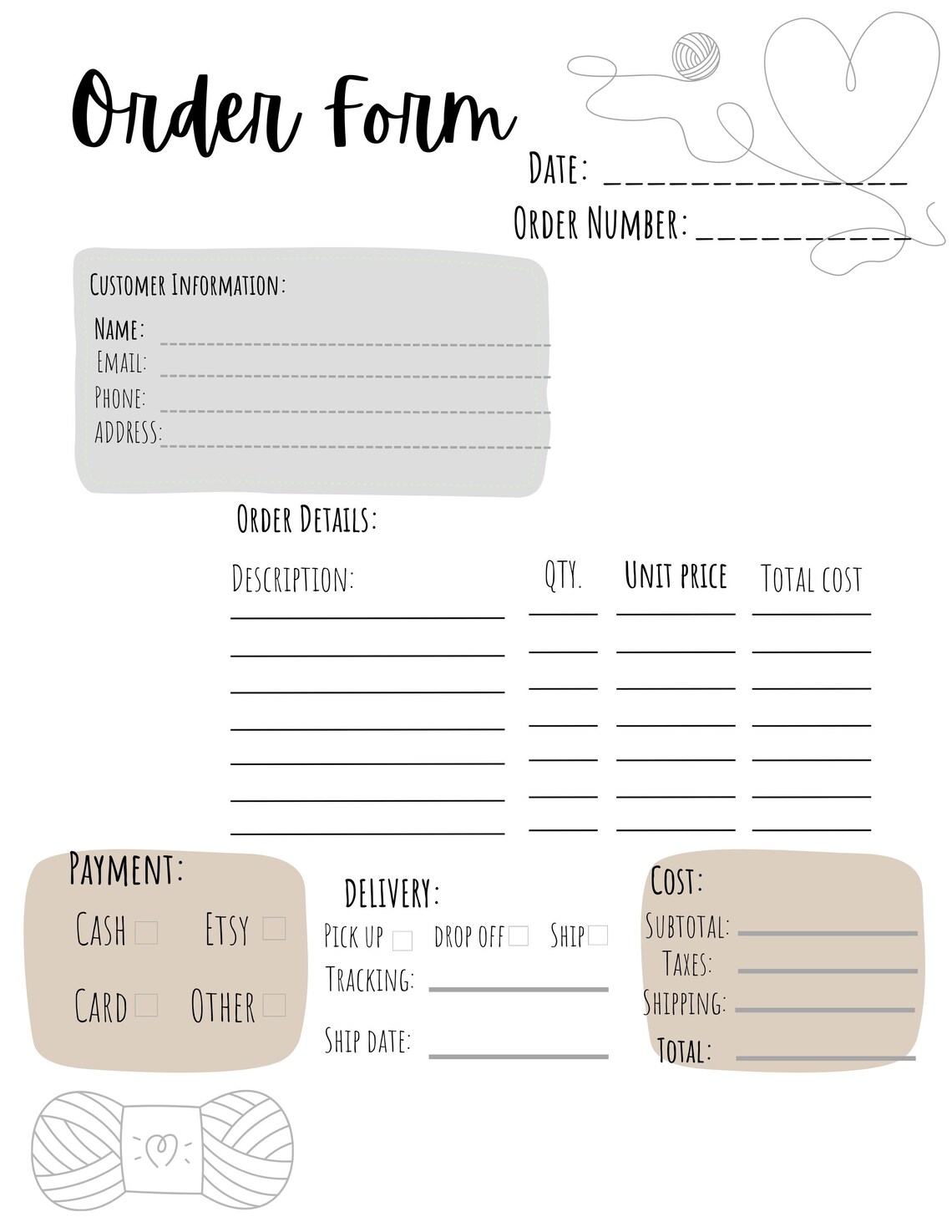 Printable Crochet Order Form Small Business Order Form Small Shop Earth ...