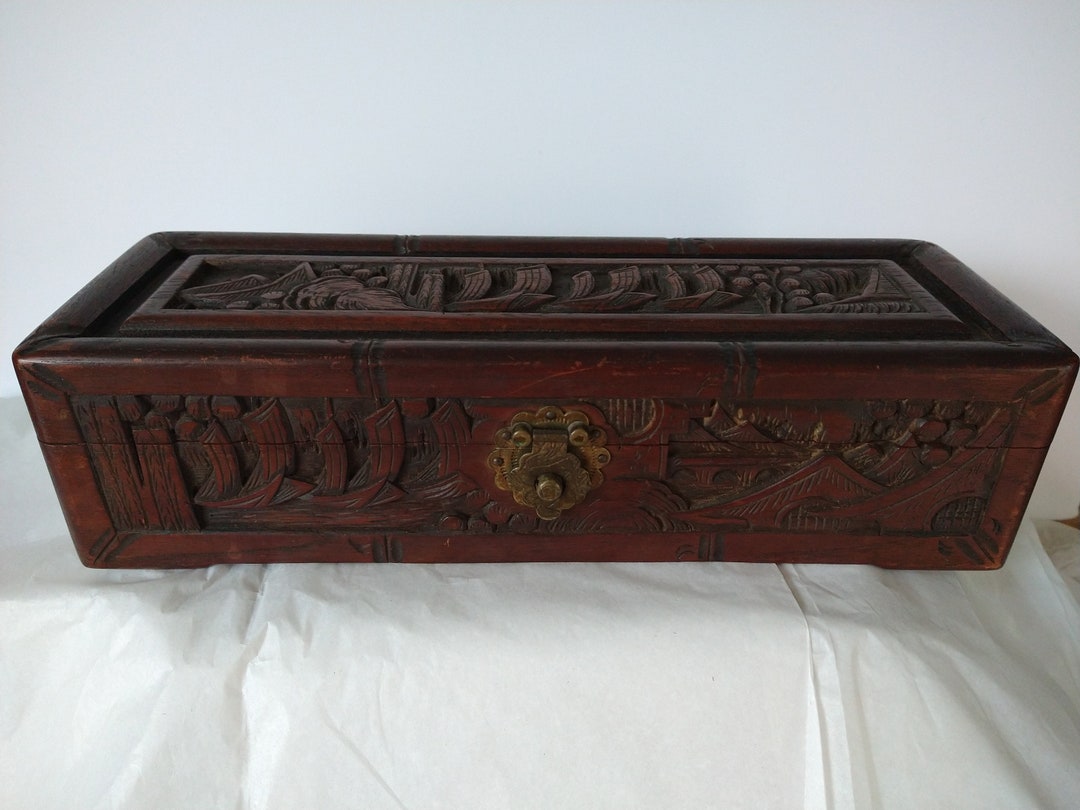Vintage Carved Wood Box Asian Theme - Etsy