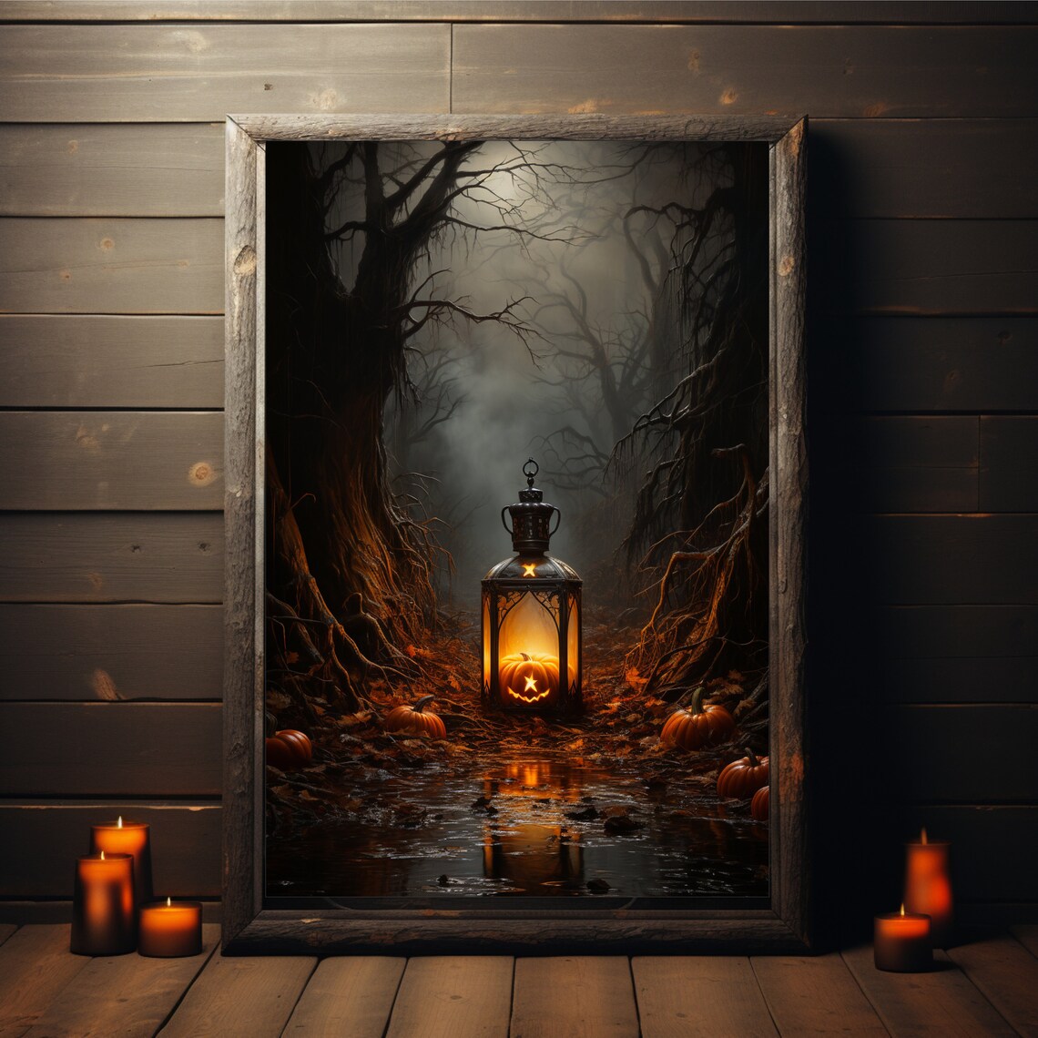 PRINTABLE Halloween Wall Art, Haunted Lantern in Forest, Dark Moody ...