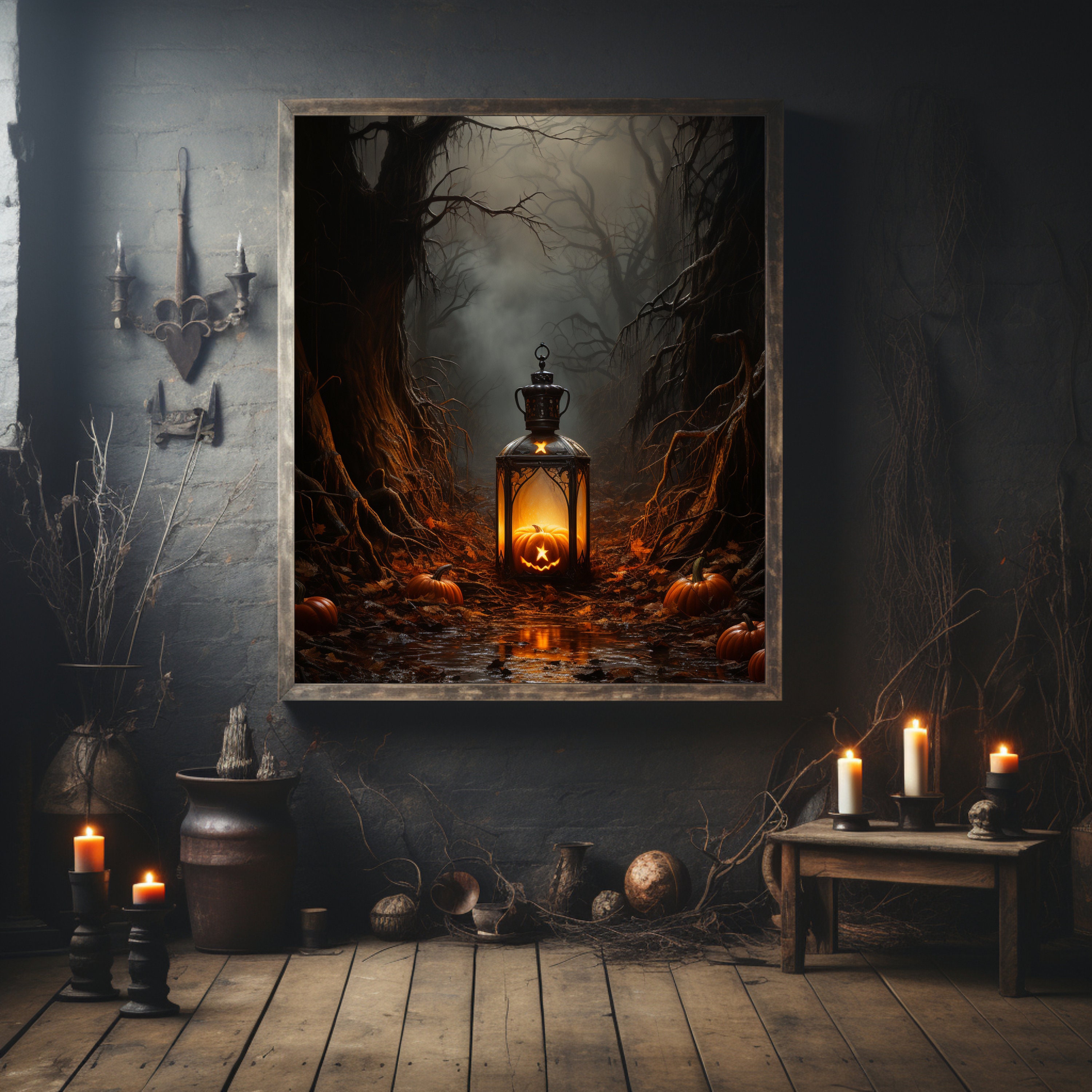 PRINTABLE Halloween Wall Art, Haunted Lantern in Forest, Dark Moody ...