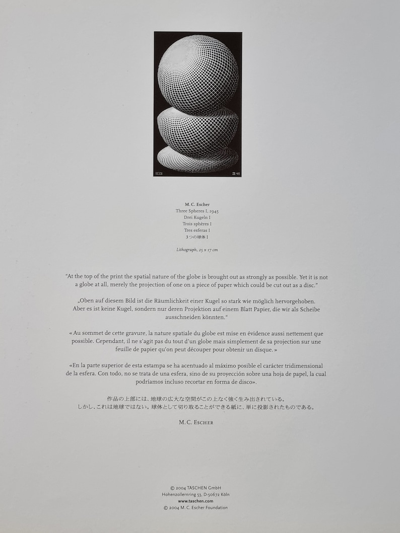 M.C. Escher "three Spheres I, 1945" Monochrome Art Edition. Copyright ...