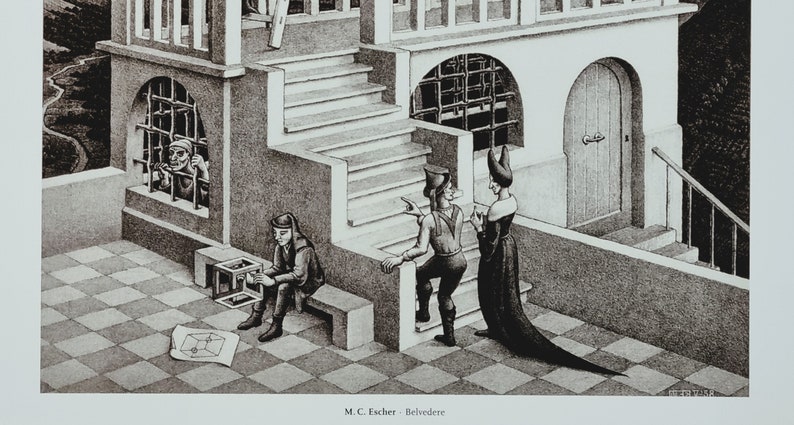 M.C. Escher "belvedere, 1958" Monochrome Art Edition. Copyright, Title ...