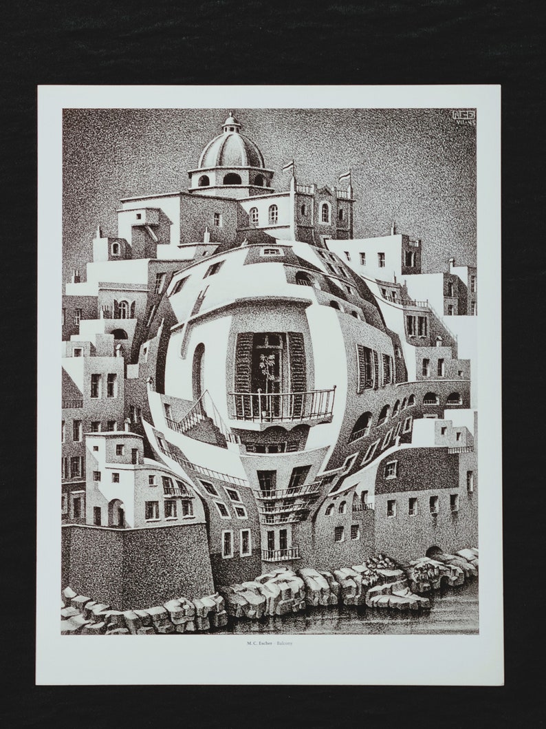 M.C. Escher "terrace, 1945" Monochrome Art Edition. Copyright, Title ...