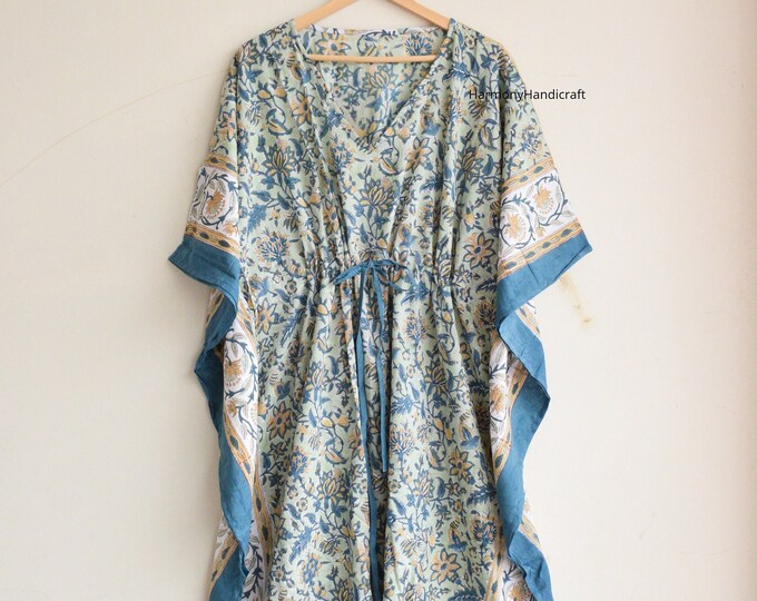 Hand Block Print Cotton Kaftan, Summer Kaftan, Beach Cover Up, Adjustable Kaftan,kaftan Maxi ...