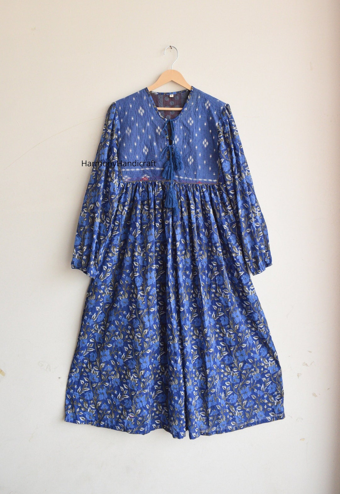Cotton hand block print dress with kantha patch Long cotton - Etsy 日本