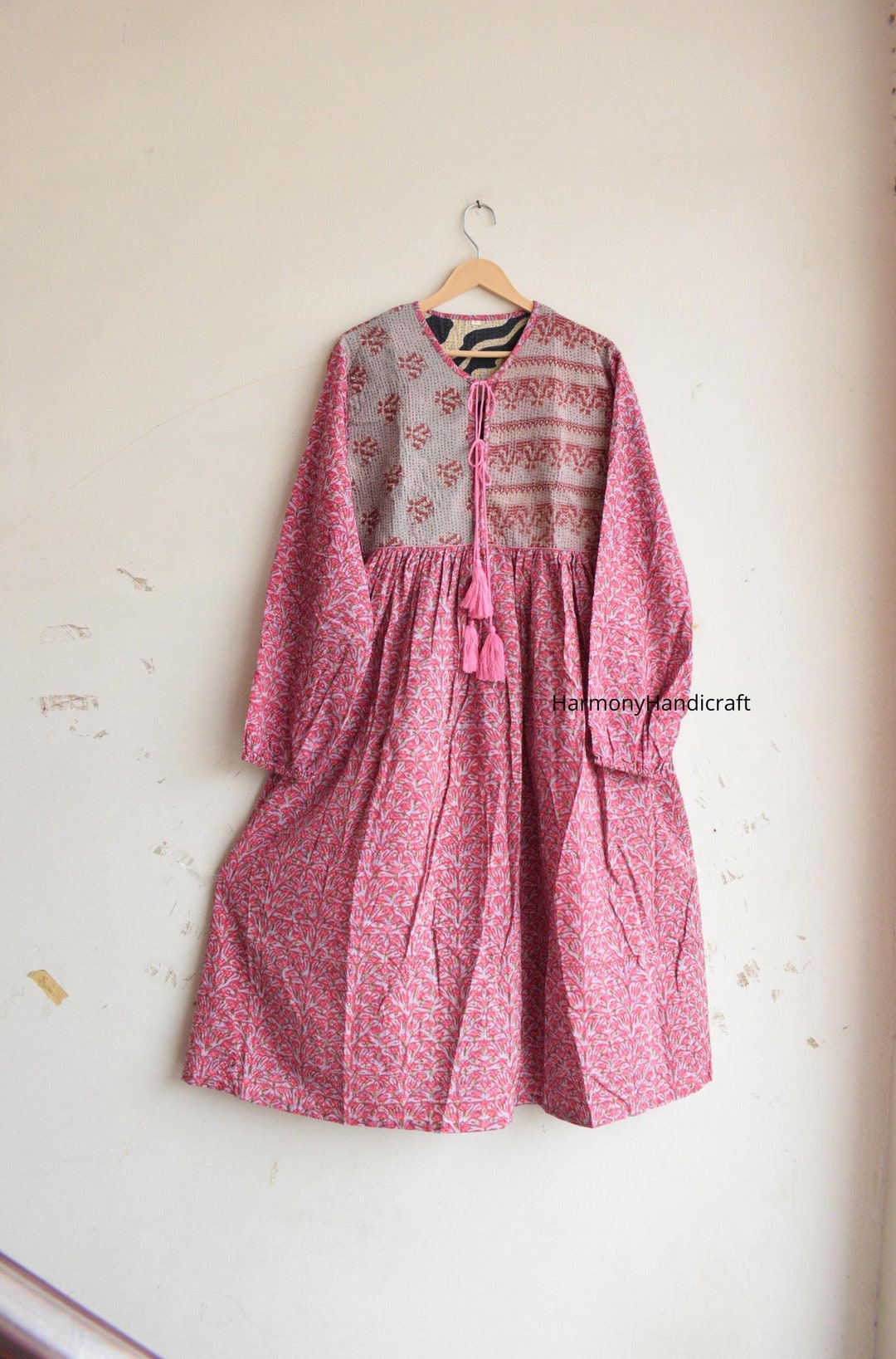 Cotton Hand Block Print Dress With Kantha Patch, Long Cotton Dress ...