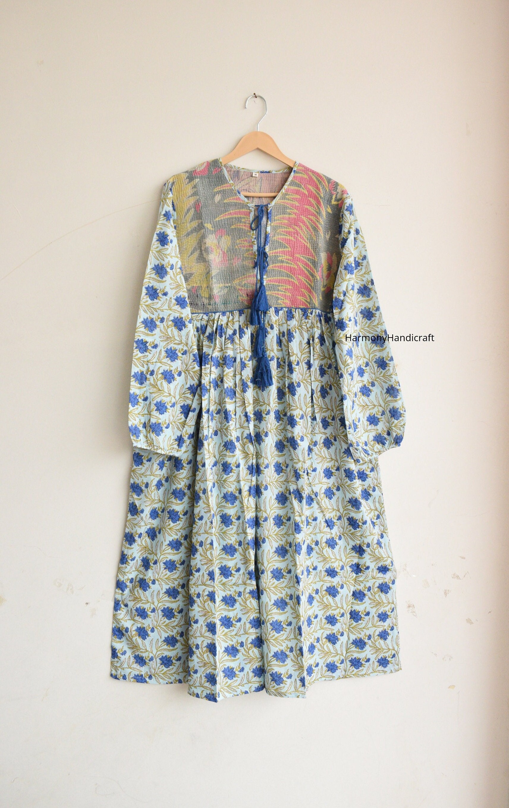 Cotton Hand Block Print Dress With Kantha Patch Long Cotton - Etsy