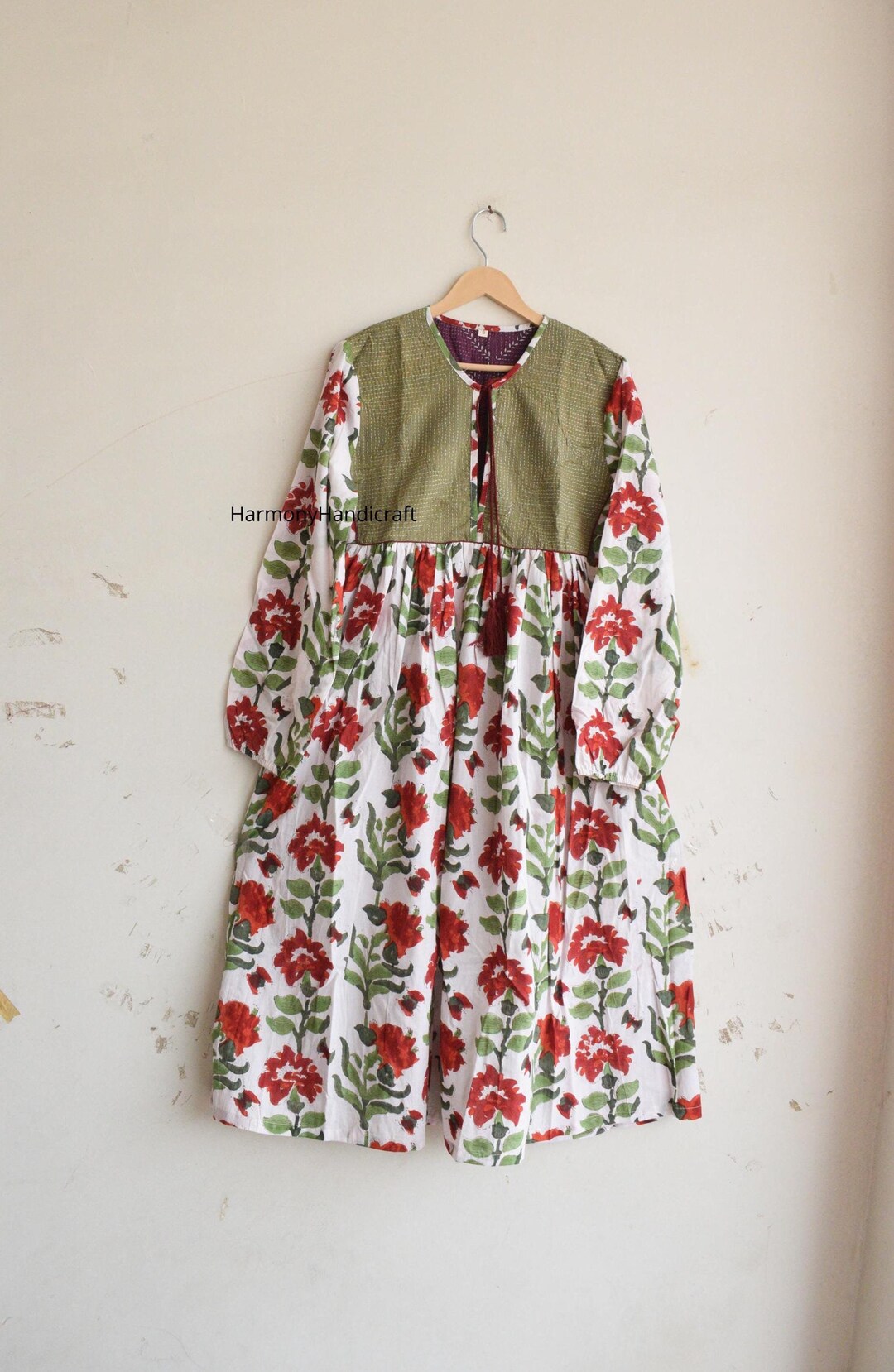 Cotton Hand Block Print Dress With Kantha Patch, Long Cotton Dress ...