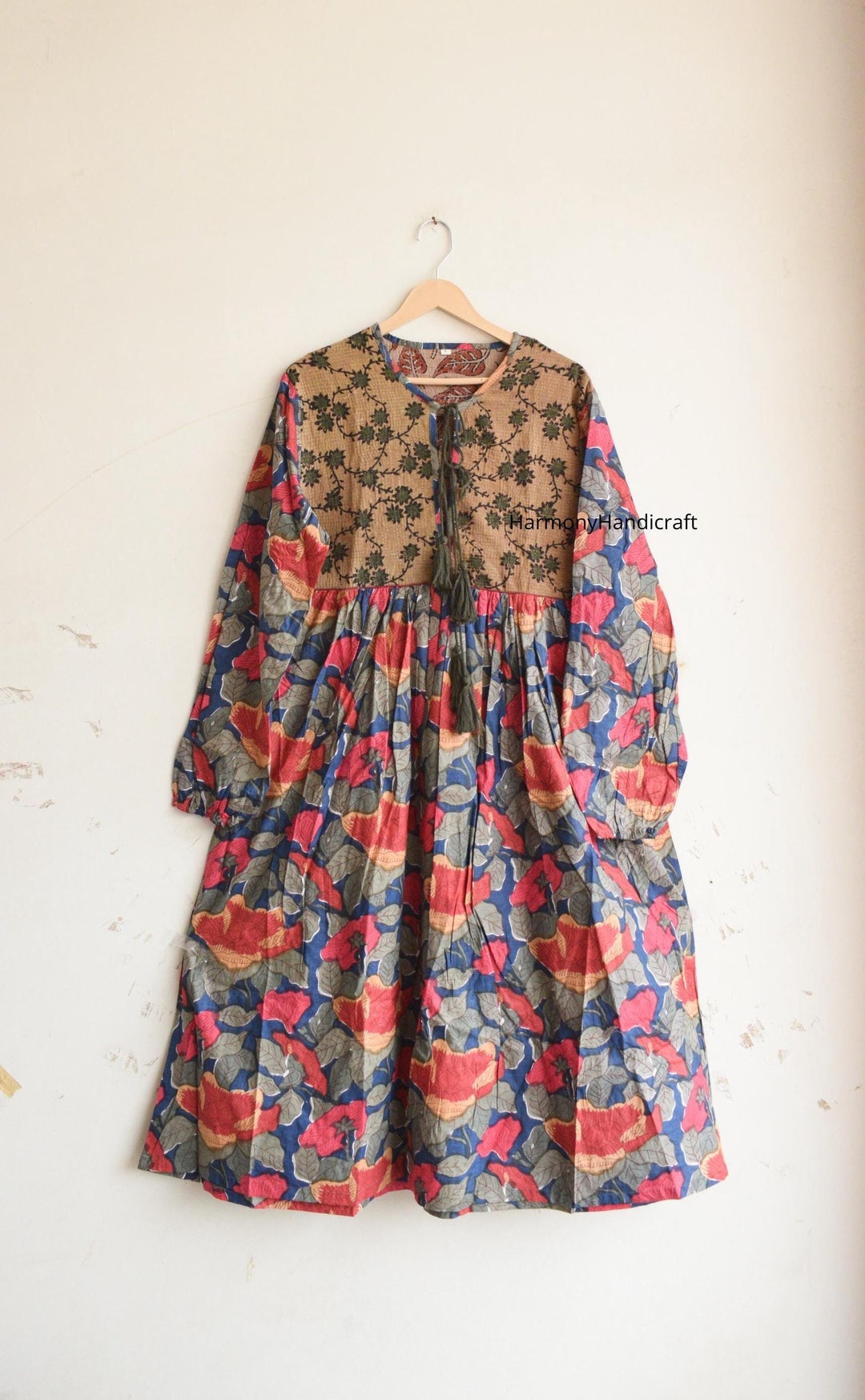 Cotton Hand Block Print Dress With Kantha Patch, Long Cotton Dress ...