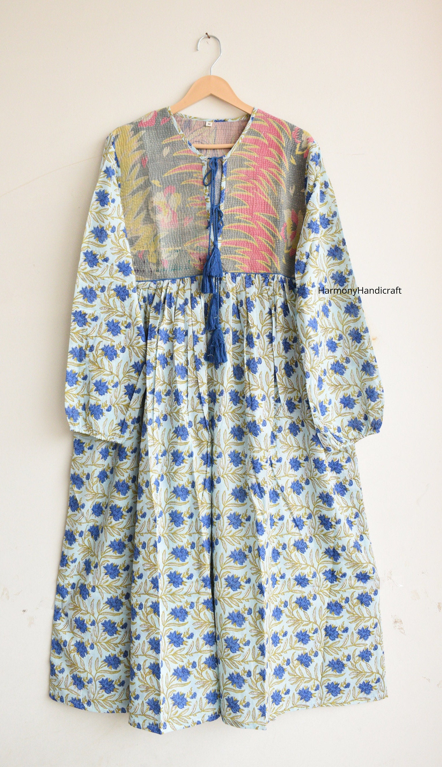 Cotton Hand Block Print Dress With Kantha Patch Long Cotton - Etsy