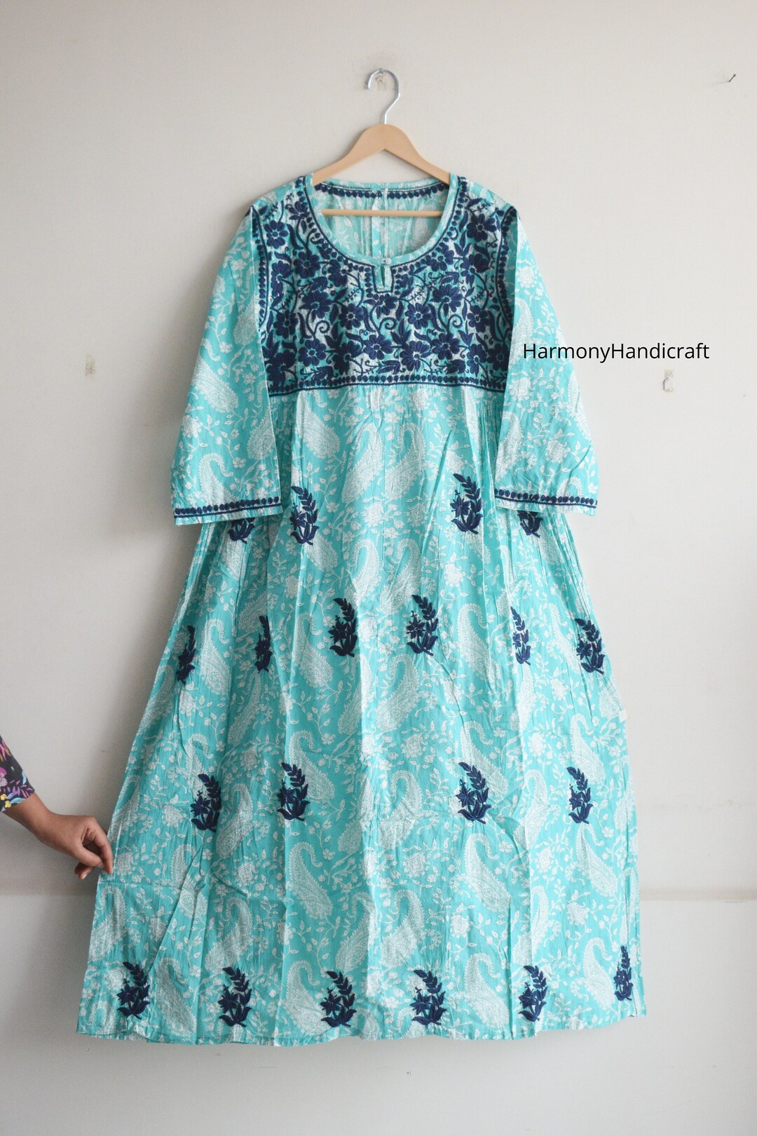 Cotton Hand Block Print Dress With Embroidery, Long Cotton Embroidery ...