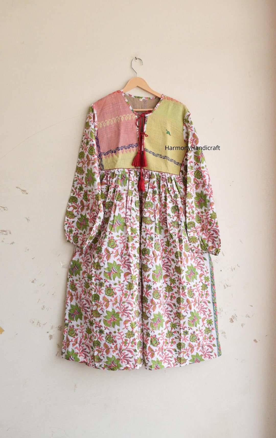 Cotton hand block print dress with kantha patch, Long cotton dress ...