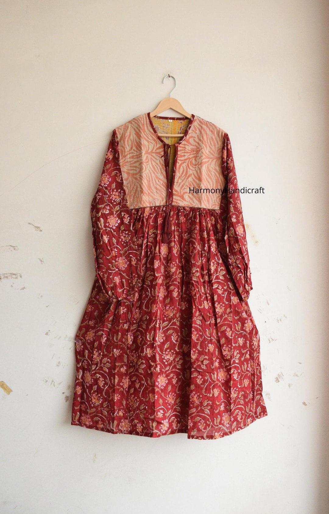 Cotton Hand Block Print Dress With Kantha Patch, Long Cotton Dress ...