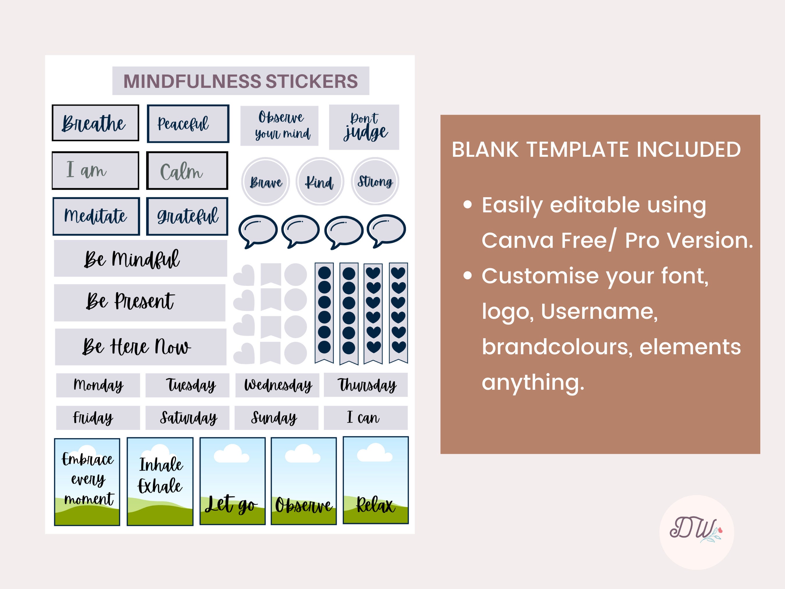 Mindfulness Printable Sticker Sheet, Editable Canva Template ...