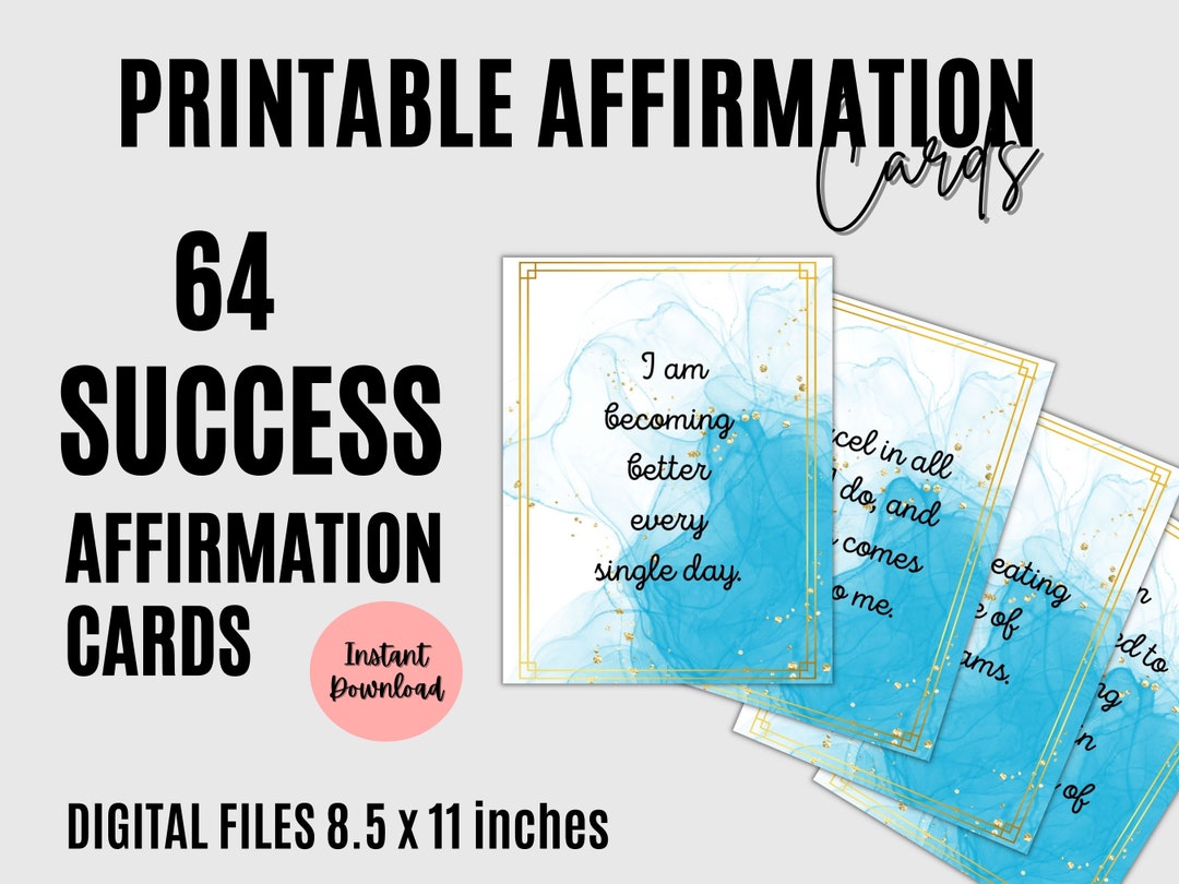 Success Affirmation Card Printable, Blue Gold Card Deck, Daily Success ...