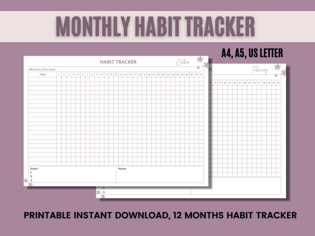 Buy Monthly Habit Tracker Printable, Digital Download, A4, A5, Us ...