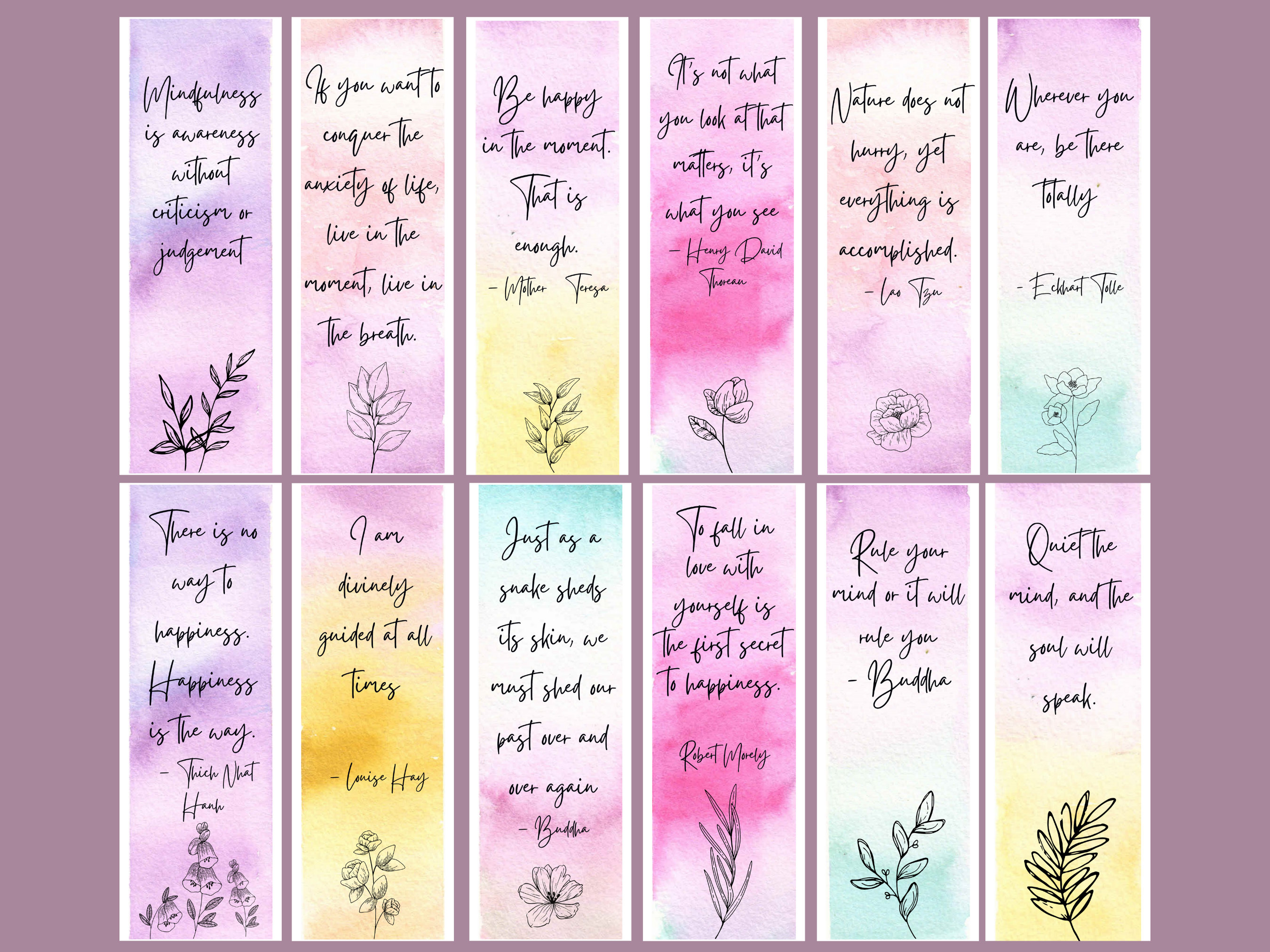 12 Printable Bookmarks Template, Mindfulness Quotes, Inspirational ...