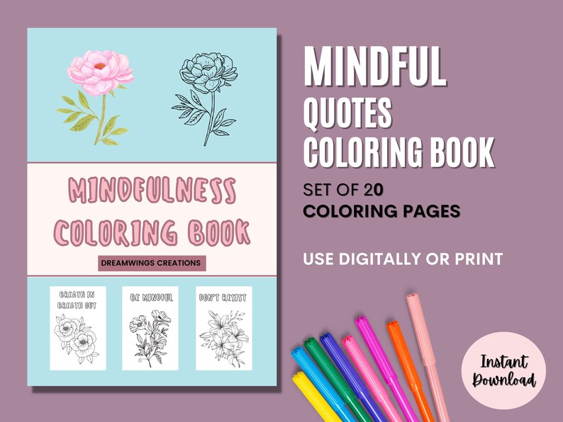 Printable Coloring Book, Mindfulness Quotes, 20 Pages Adult Coloring ...