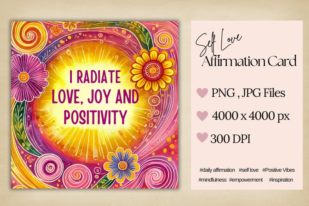 Self Love Affirmation Card - Floral Design | I Radiate Love, Joy and ...