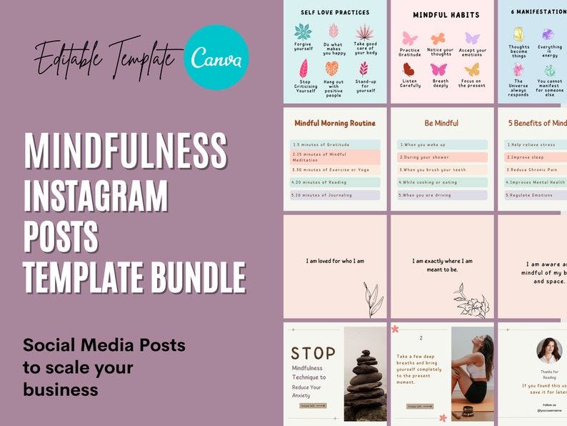 Mindfulness Instagram Posts, Canva Editable Template Bundle ...
