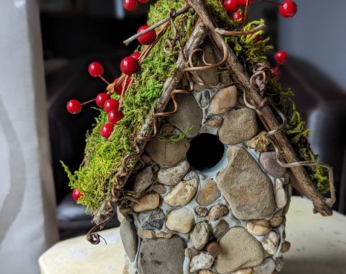 Winter Berry Stone Cottage Birdhouse, Moss and Stone Birdhouse With ...