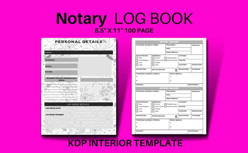 Notary Log Book KDP Interior Template 8.5"x11" Inches 100 Page Ready to ...