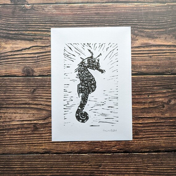 Seahorse Print Original Linocut Picture Print Home Decor Wall - Etsy